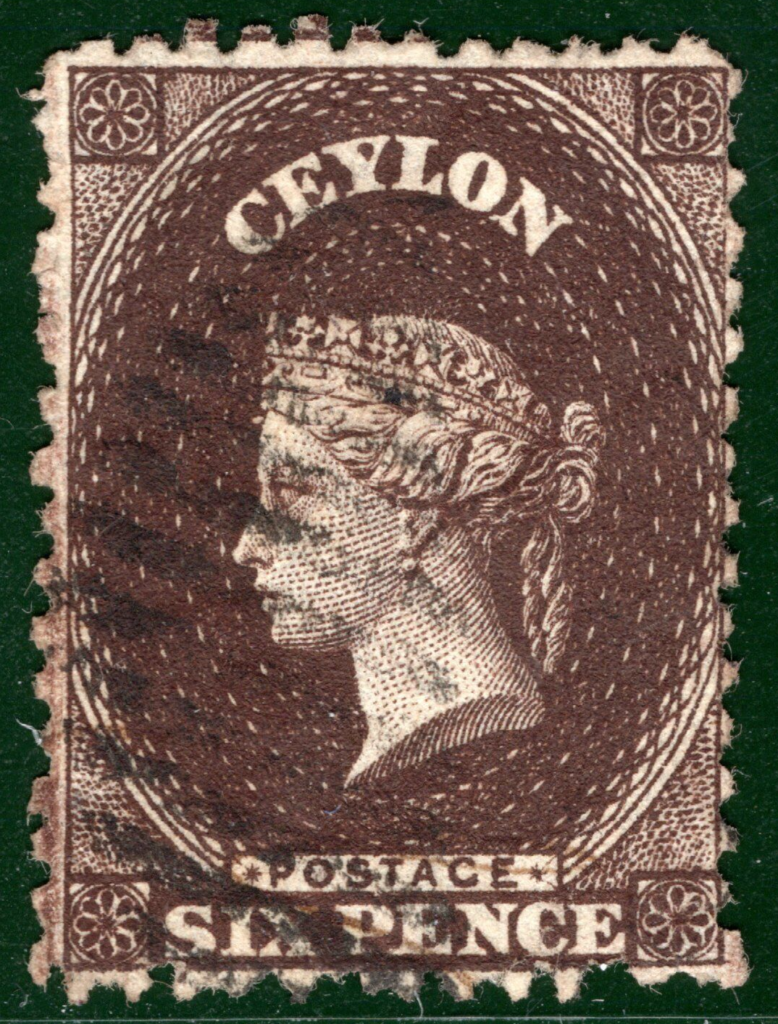CEYLON QV Classic Stamp SG.55cx 6d Blackish Brown *WMK REVERSED* Cat £ ...