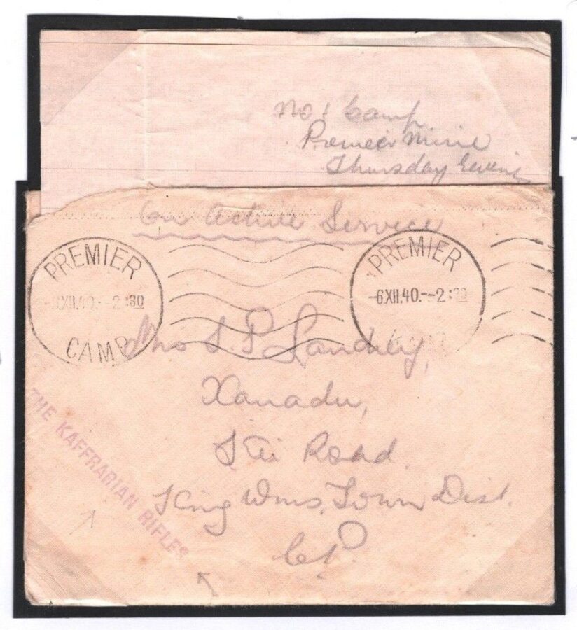 S.AFRICA WW2 Cover *KAFFRARIAN RIFLES* Cachet PREMIER CAMP Machine ...