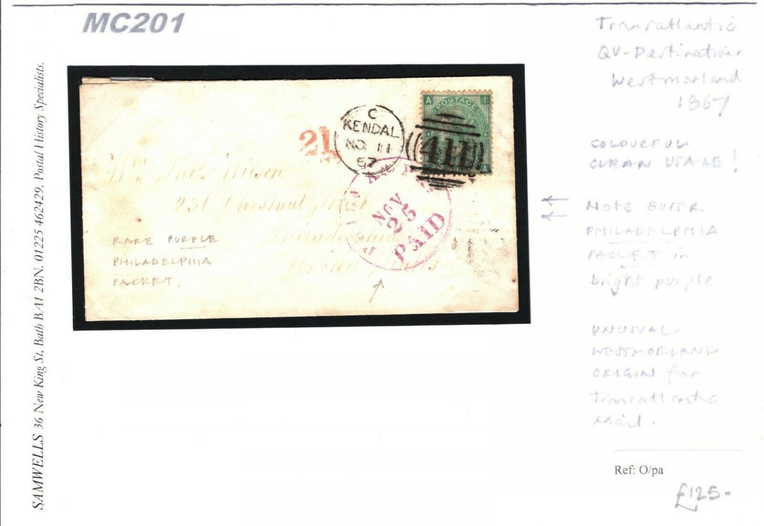 GB TRANSATLANTIC Cover USA Philadelphia Rare PURPLE Packet 1867 ex ...