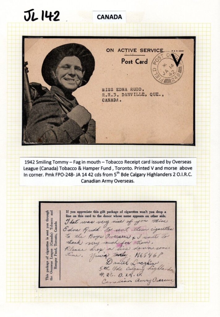 CANADA WW2 Card *V FOR VICTORY* Military SMILING TOMMY TOBACCO 1942 ...