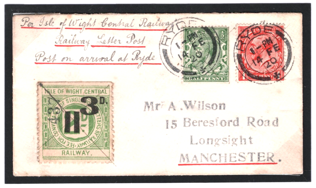 GB *ISLE OF WIGHT CENTRAL RAILWAY* KGV 3d Letter Stamp IOW Ryde 1920 ...