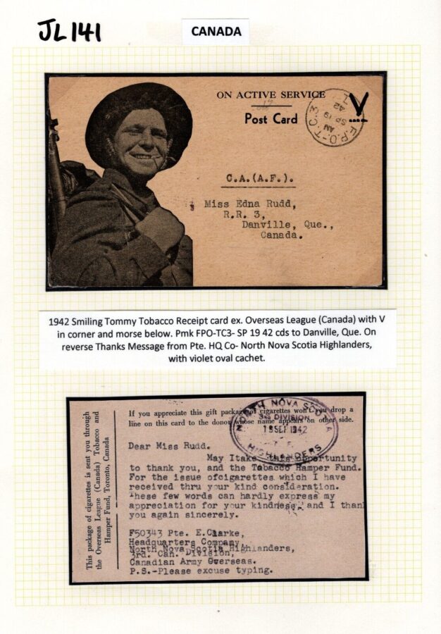 CANADA WW2 Card *V FOR VICTORY* Military SMILING TOMMY TOBACCO 1942 ...