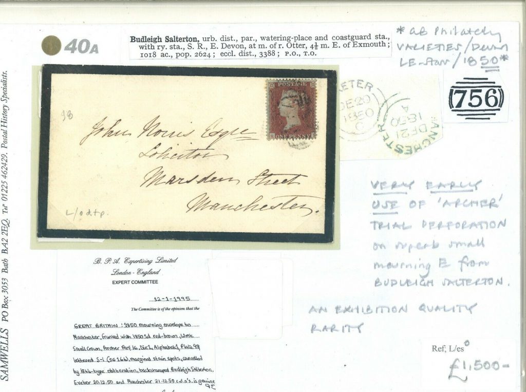 GB Cover RARE EARLY *ARCHER* PERFORATION 1d Red Devon 1850 Trial {BPA ...