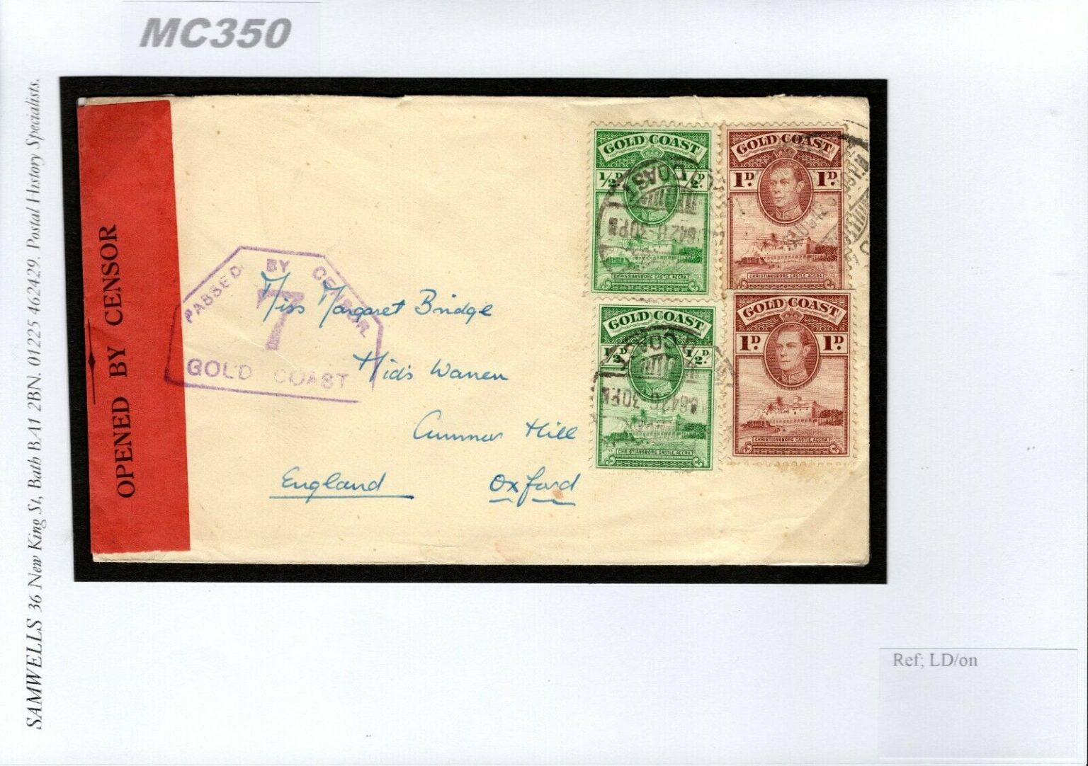 GOLD COAST Cover WW2 Censor *7* RED LABEL 1942 KGVI Franking GB Oxford ...