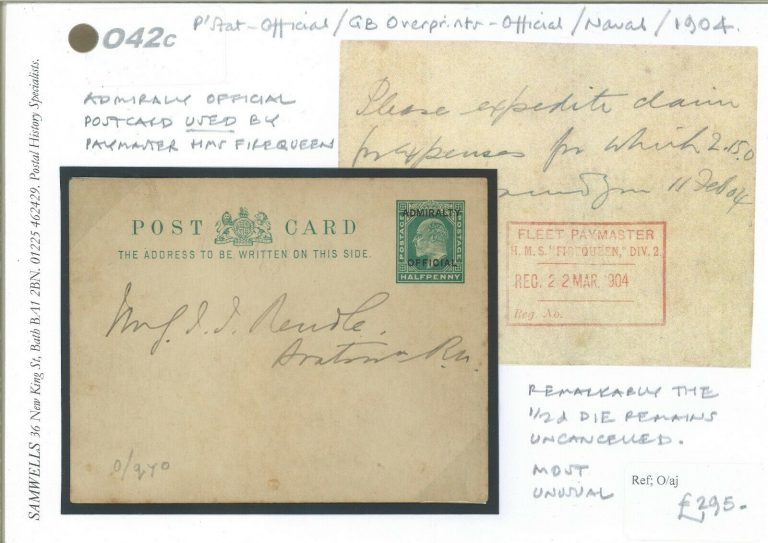 GB KEVII Stationery Card ADMIRALTY OFFICIAL Overprint HMS FIREQUEEN ...