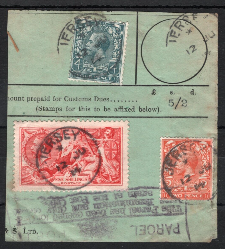 GB KGV SEAHORSE SG.401 5s WATERLOW Super *JERSEY* 1914 CDS Parcel Cat £ ...