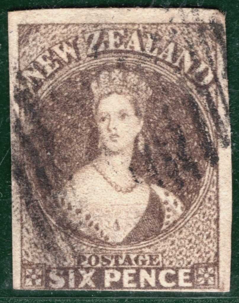 NEW ZEALAND QV CHALON SG.41 6d Black-Brown (1862) CLEAR PROFILE Used c£ ...